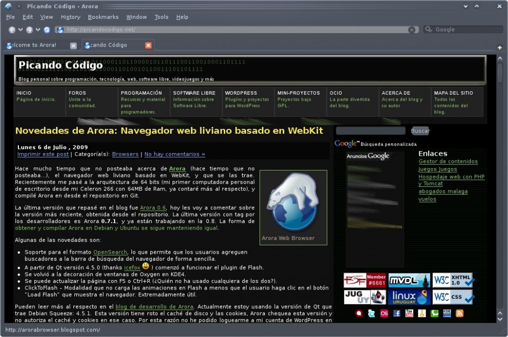 Novedades de Arora: Navegador web liviano basado en WebKit | Picando Código
